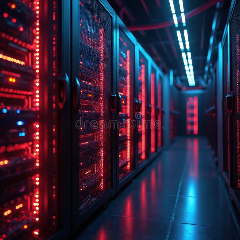 Dark Data Center Server Racks with Neon Lighting. Technology, Computer ...