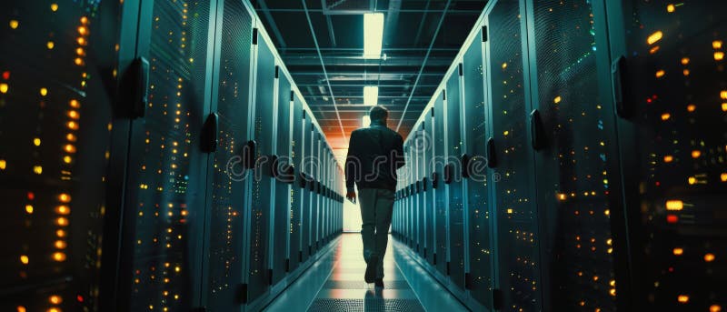 In Dark Data Center: it Specialist Uses Laptop while Walking Along Row of Operational Server ...