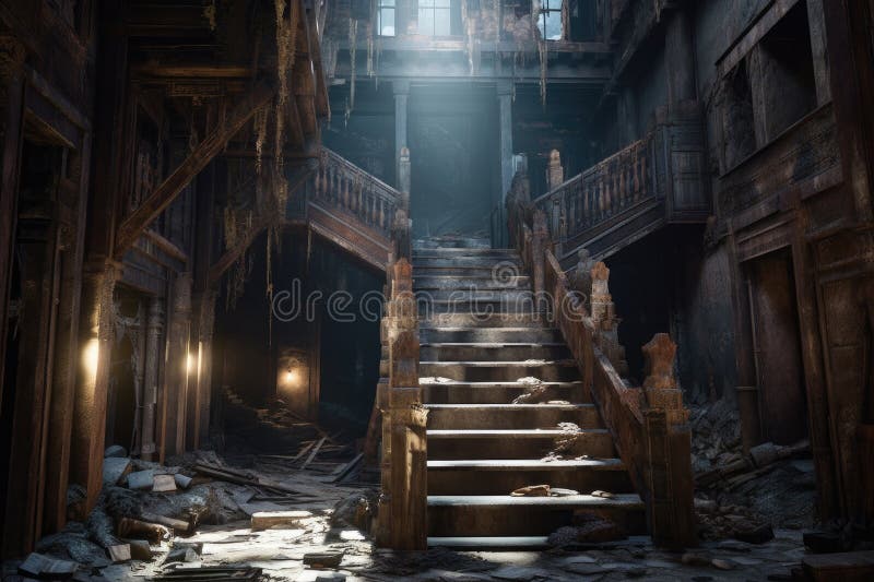 Dark, Decrepit Staircase in Crumbling Warehouse Stock Illustration ...