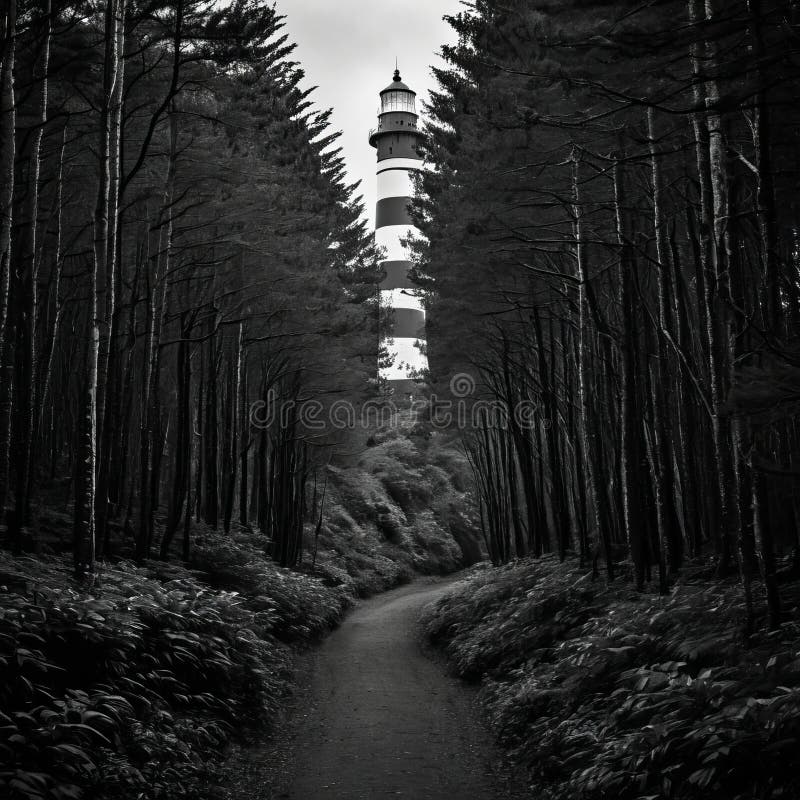 A Black White Striped Lighthouse Surrounded by Dense Dark Forest with a ...