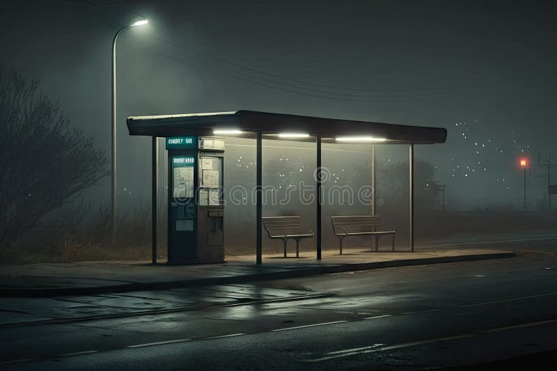 Dark and Desolate Bus Stop, with only a Few Streetlights Illuminating ...