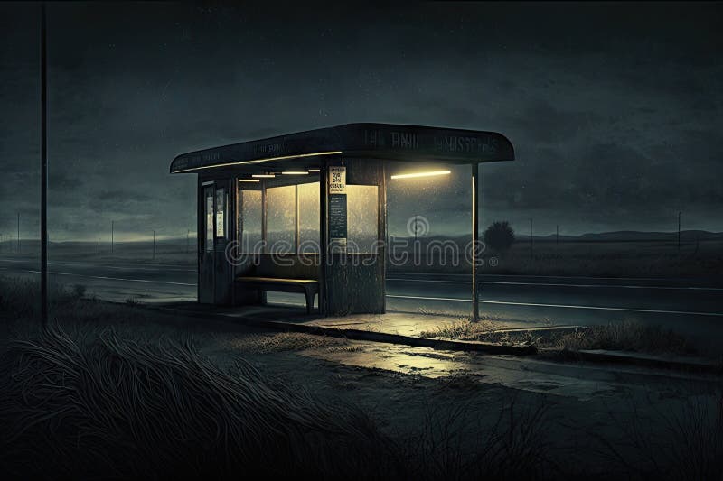 Dark and Desolate Bus Stop, with only a Few Streetlights Illuminating ...