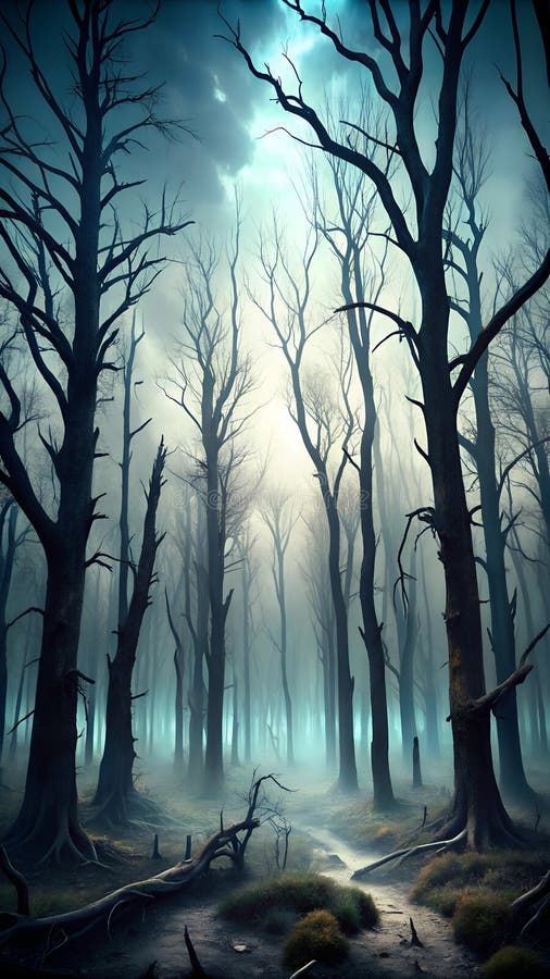 Dark Desolate Forest with Dead Trees. Broken Braces. Scary. Stock ...