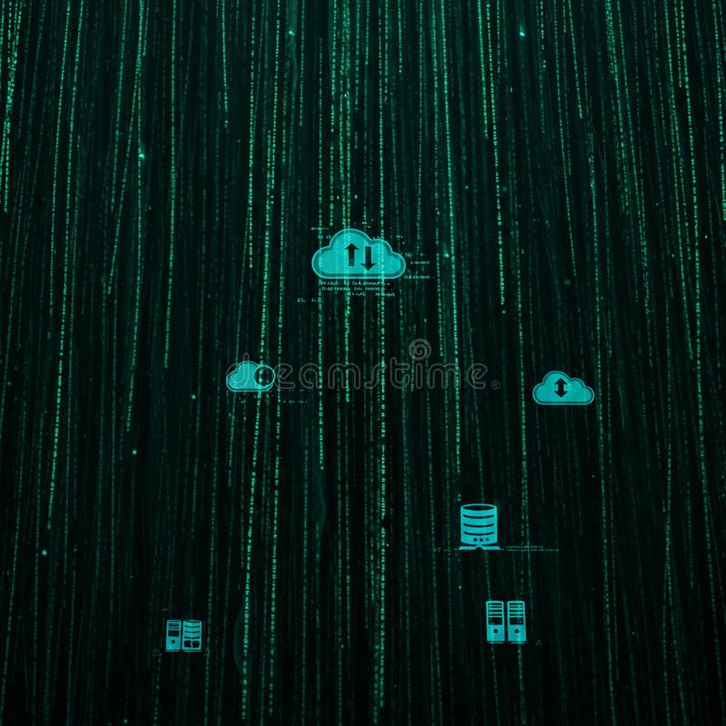 Dark Digital Backdrop with Cascading Green Binary Code, Reminiscent of Virtual Data Stock ...