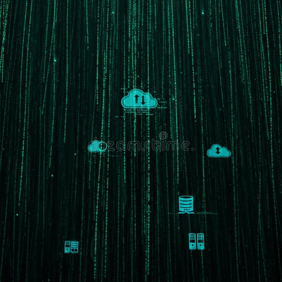 Dark Digital Backdrop with Cascading Green Binary Code, Reminiscent of Virtual Data Stock ...