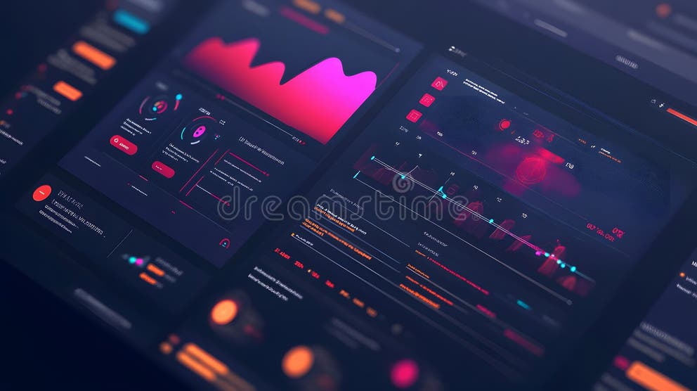 Dark Digital Dashboard with Pink and Red Data Visualizations Stock Illustration - Illustration ...