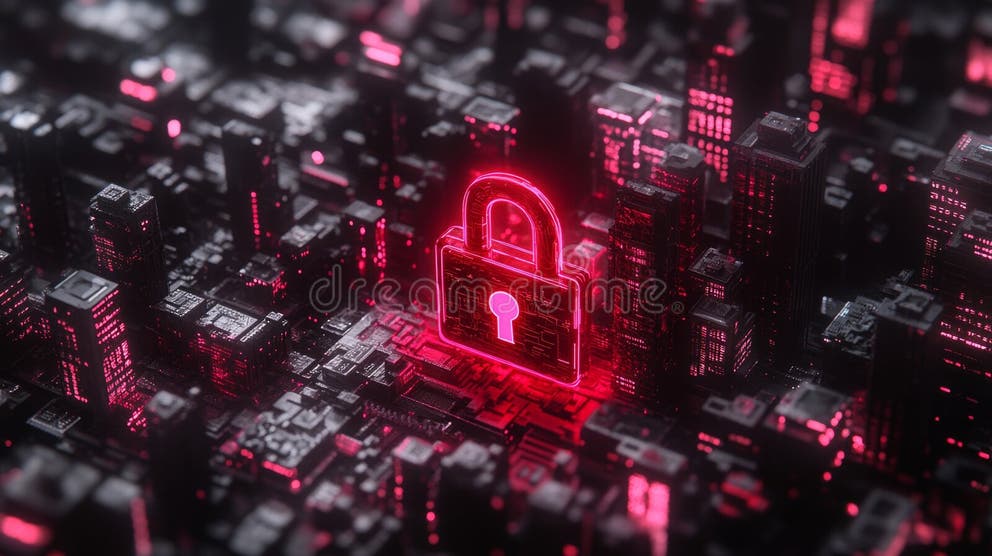 A Dark Digital Landscape Features a Red Neon Lock Symbol, Representing ...