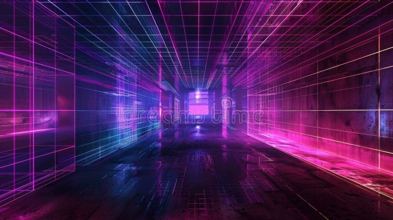 Dark Digital Room Background, Empty Futuristic Space with Neon ...
