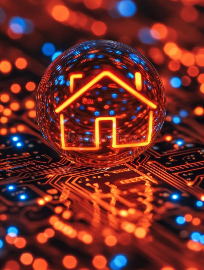 On a Dark Digital Screen, a Futuristic Home Button Glows Red Stock ...