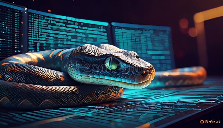 A Dark, Digital Snake with Orange Patterns Surveys the Coding Monitors ...