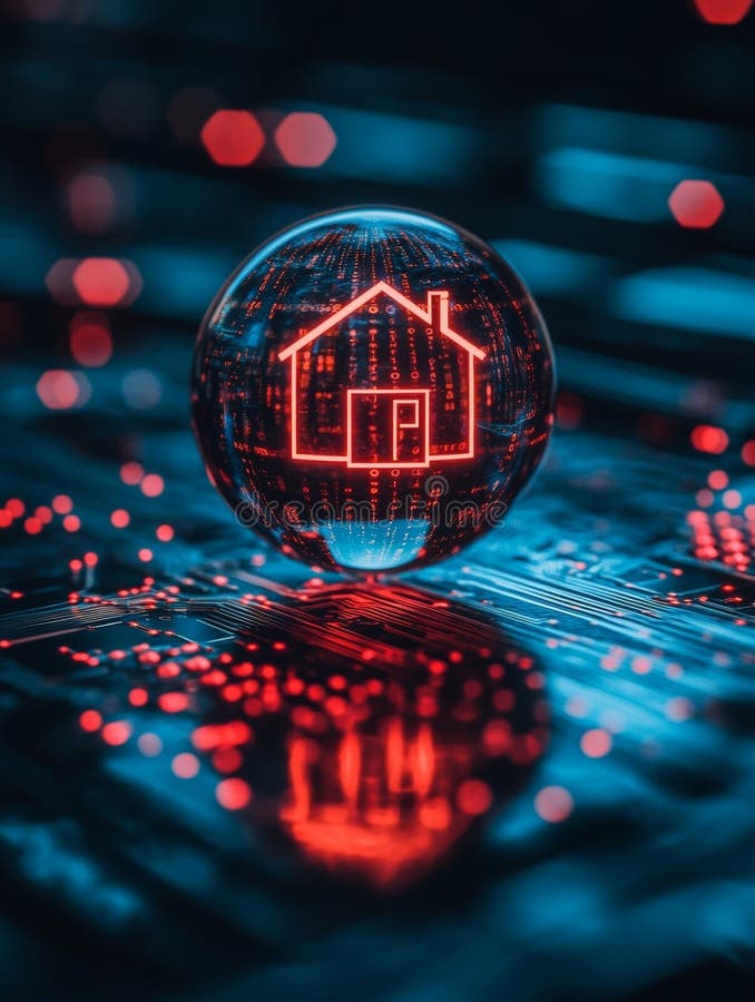 A Dark Digital Surface Features a Futuristic Home Button, Illuminated ...