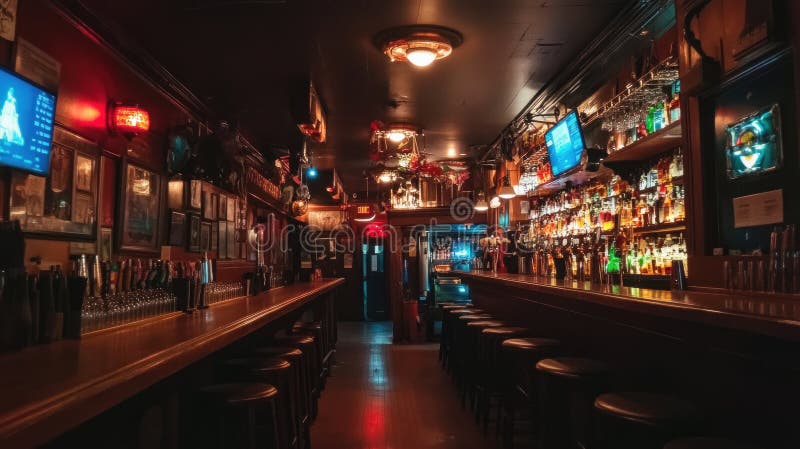 Dark, Dimly Lit Bar Interior Stock Illustration - Illustration of warm ...