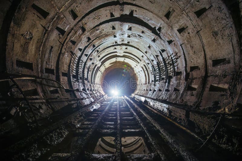Dark Dirty Abandoned Subway Tunnel with Rusty Railway Stock Image ...