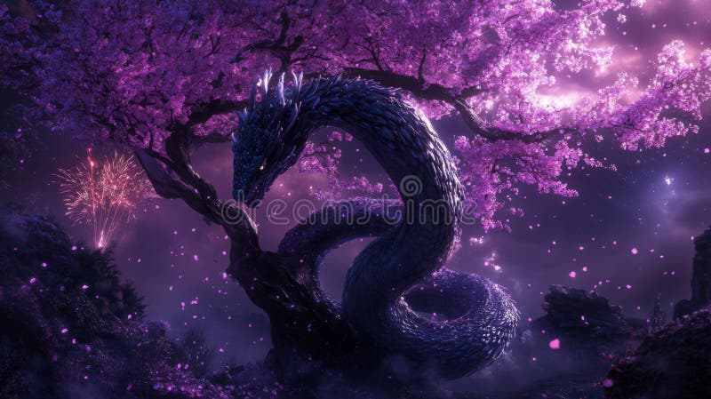 Dark Dragon Coiled Around Blooming Cherry Tree at Night Stock ...