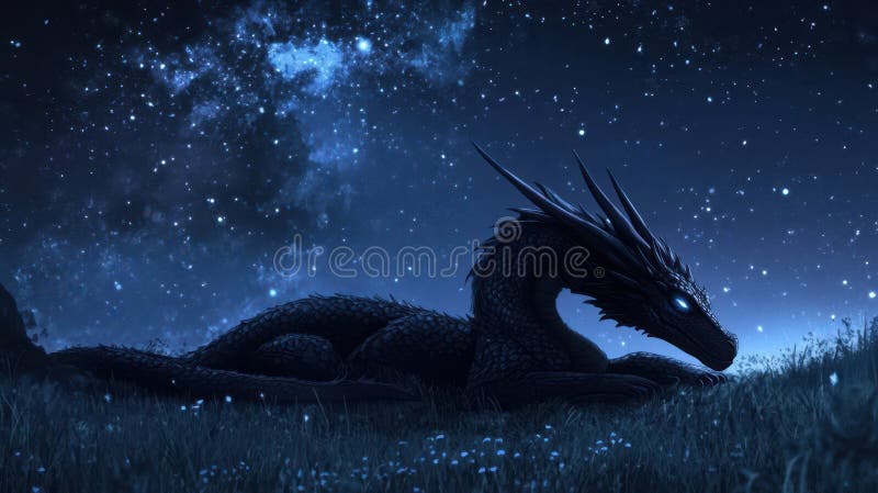 A Dark Dragon Resting in a Clearing Under the Night Sky Stock ...