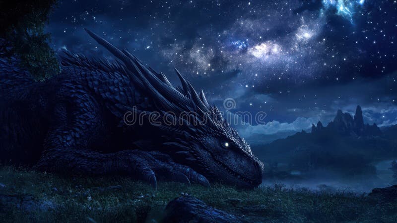 A Dark Dragon Resting in a Clearing Under the Night Sky Stock ...