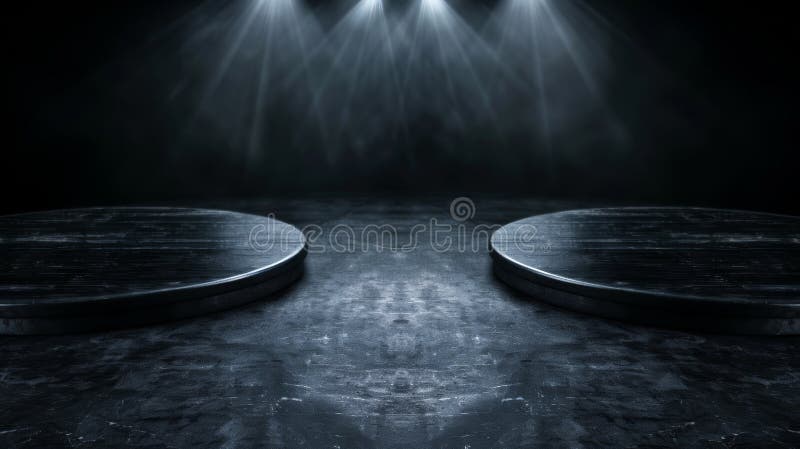Dark and Dramatic Empty Stage with Circular Platforms Under Spotlights ...
