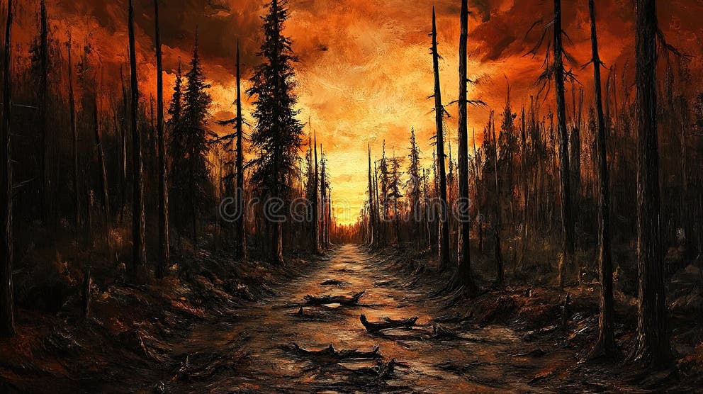 Dark and Dramatic Forest Landscape at Sunset with Burnt Trees and a ...