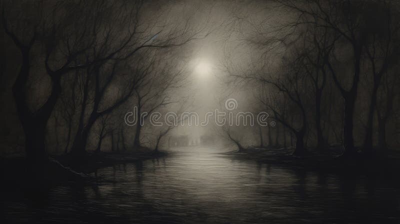Ethereal Pencil Drawing: Wandering in the Mist at Night Stock ...
