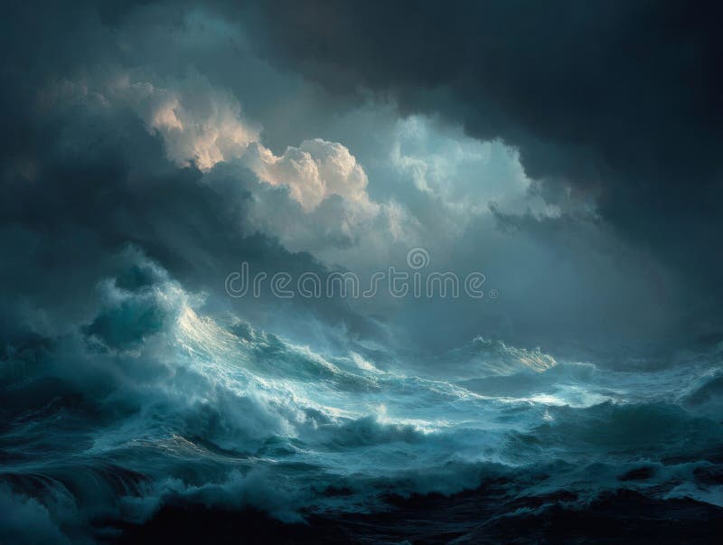 Dark Dramatic Ocean Storm with Powerful Waves Stock Illustration ...
