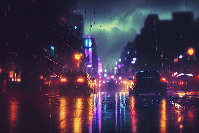 Dark Dramatic Stormy Night Sky With Lightning Bolts Over City Under Rain Ai Illustration Stock