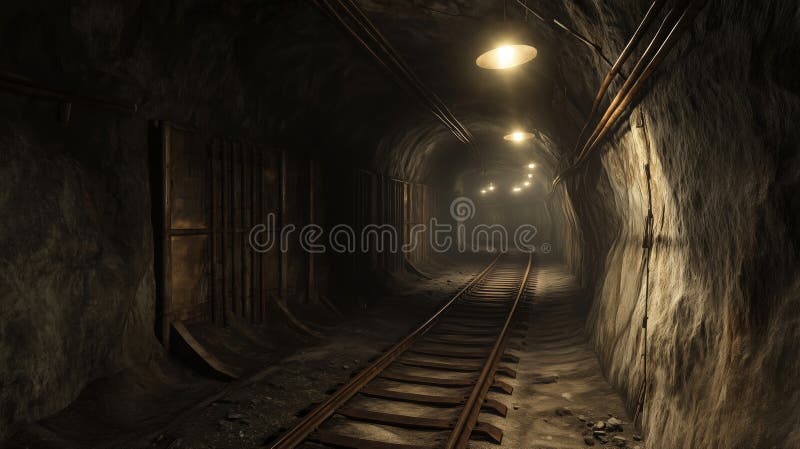 Dark and Dusty Underground Mine Shaft with Railroad Tracks Stock Photo ...