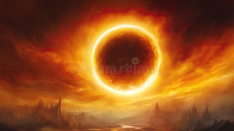 Dark Eclipse Looms Over an Ancient Gothic City Enveloped in Shadows and ...