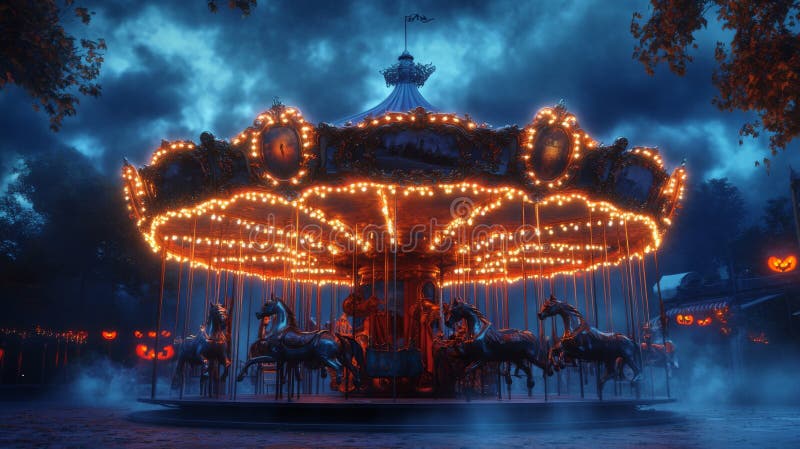 A Dark and Eerie Carousel with Illuminated Jack-o -Lanterns Stock ...