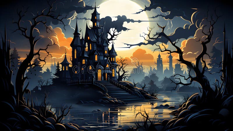 Dark Eerie Castle on the Lakeside Illuminated by Moonlight. AI ...