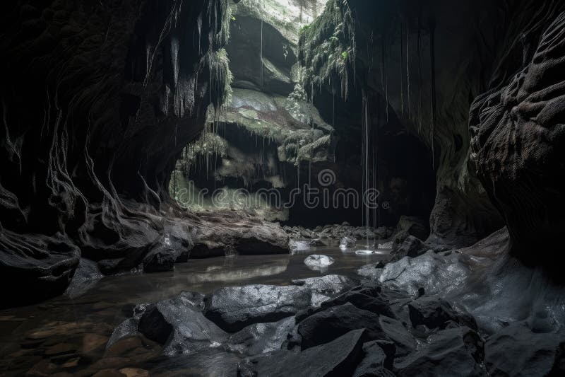 Dark and Eerie Cave, with Natural Rock Formations and Waterfalls Stock ...