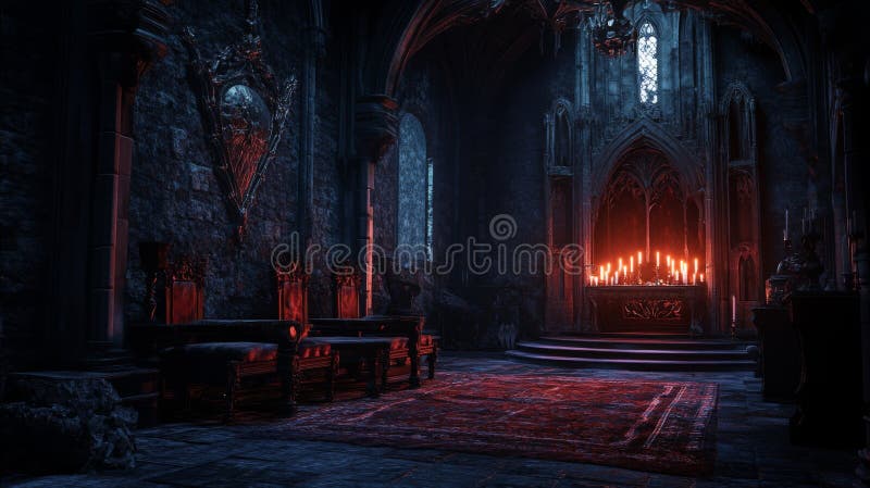 Dark and Eerie Gothic Cathedral Interior with Candlelight Stock Illustration - Illustration of ...