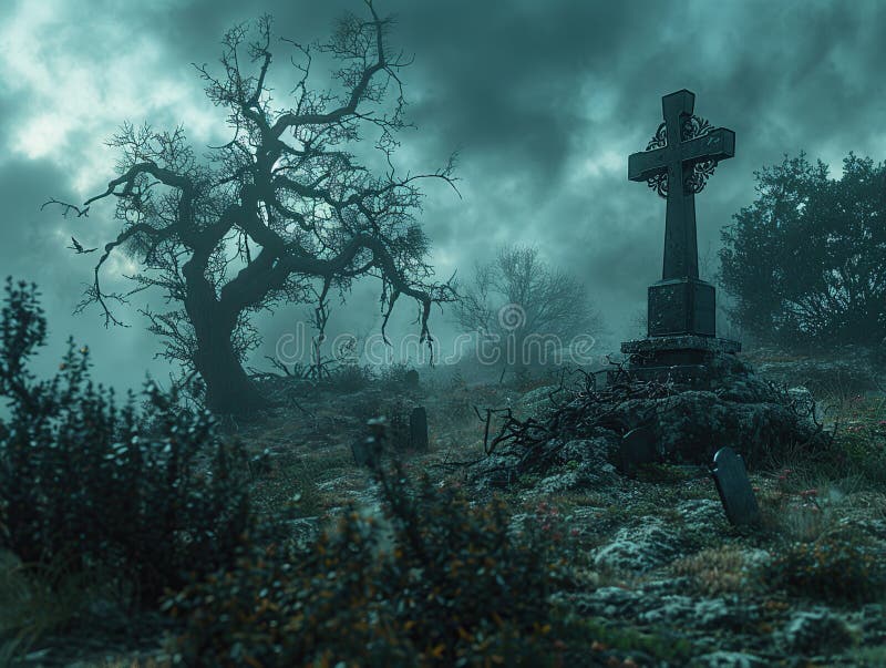 Eerie Cemetery Landscape stock illustration. Illustration of dead - 332458048