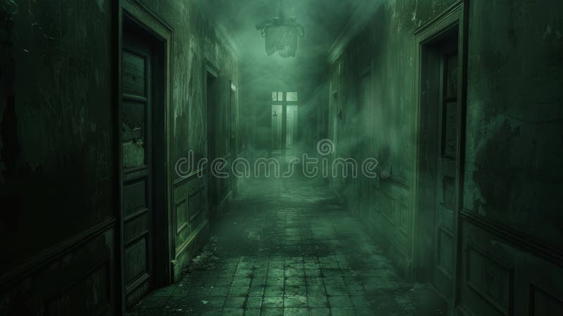 Spooky Hallway in an Abandoned Building Shrouded in Green Fog at Night ...