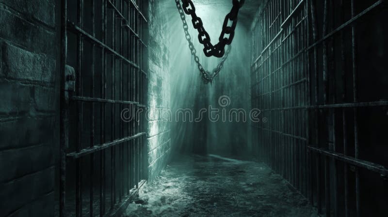 Dark and Eerie Jail Corridor with Water on the Floor and Chains Hanging ...