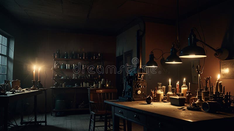 Dark Eerie Laboratory with Vintage Objects and Lighting Stock ...