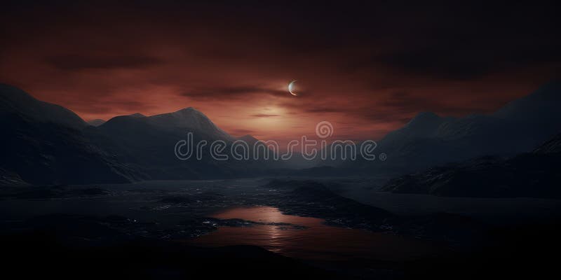 Dark Eerie Landscape Featuring the Mountains and Valley during a Lunar ...