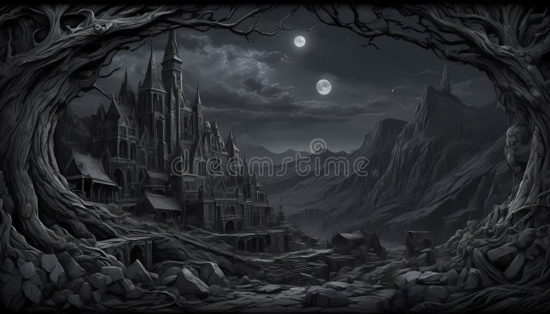 A Dark and Eerie Landscape, with a Large Imposing Castle, Perched on a ...