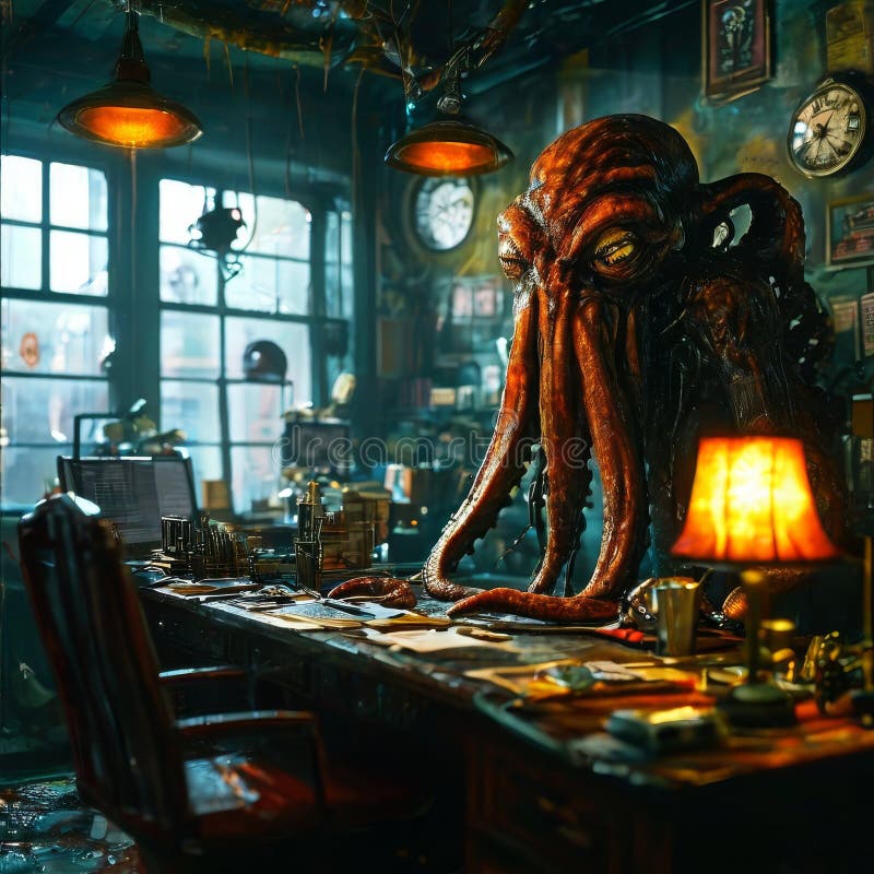 Dark and Eerie Office with a Large Octopus at the Desk Stock Image ...