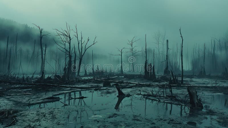 A Dark and Eerie Swamp with Dead Trees and a Murky Green Water Stock ...