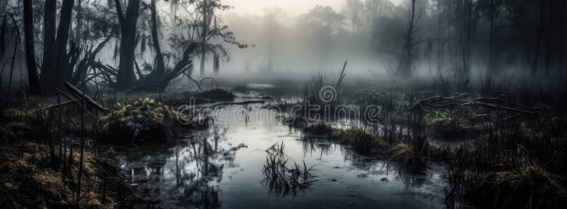 A Dark and Eerie Swamp with Fog Panoramic Background. Generative AI ...