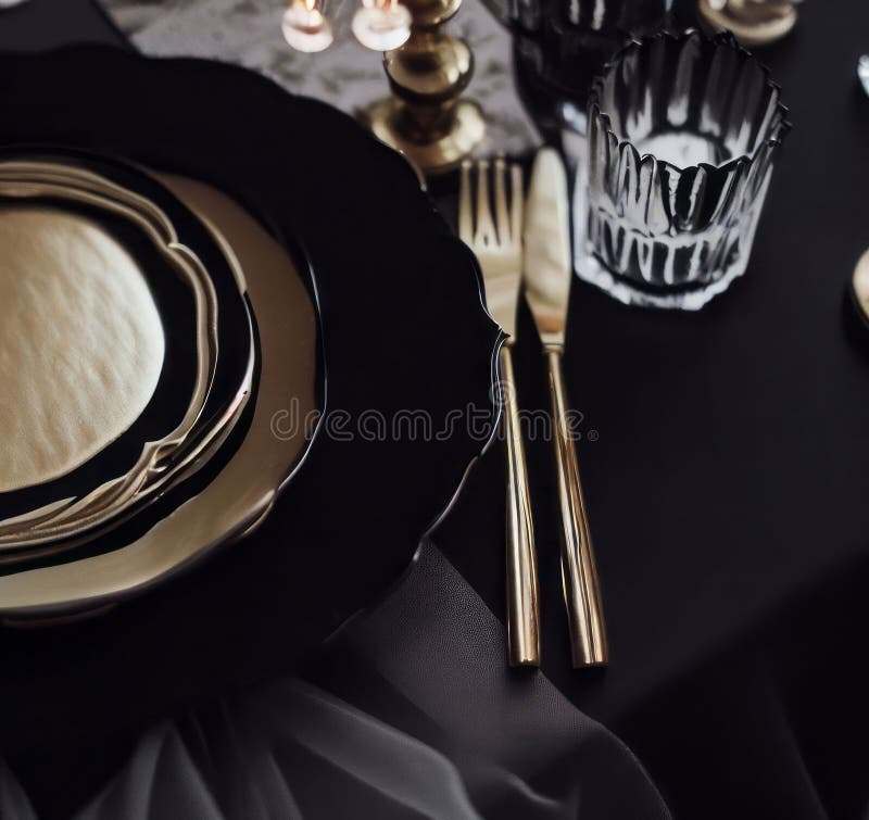 Dark Elegance: Luxurious Table Setting in Black and Gold Stock ...