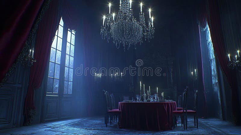 Dark Elegant Dining Room, Night, Mansion, Candlelight, Windows, Mystery ...