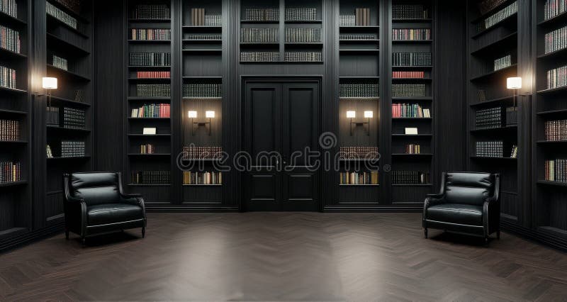 Dark and Elegant Library Interior with Shelves Full of Books and ...