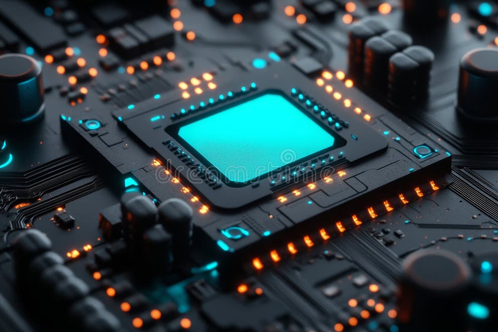 A Dark, Empty Abstract Background Featuring a Digital Blue Microchip ...