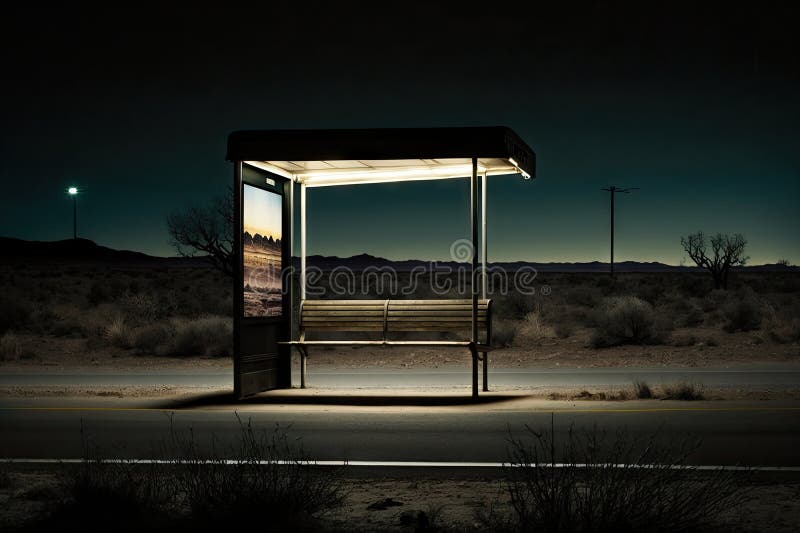 A Dark and Empty Bus Stop, Illuminated by a Single Light Post, at Night ...