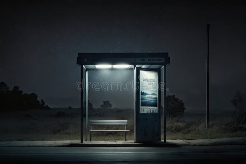 A Dark and Empty Bus Stop, Illuminated by a Single Light Post, at Night ...