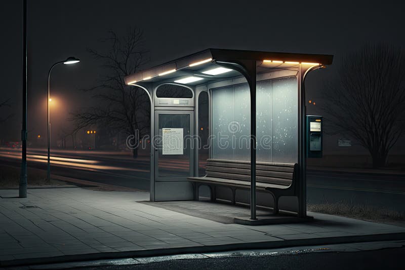 A Dark and Empty Bus Stop, Illuminated by a Single Light Post, at Night ...