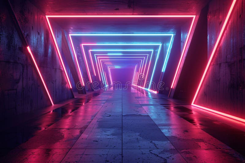 Dark Empty Hall with Glowing Geometric Shapes Futuristic Neon Lighting ...