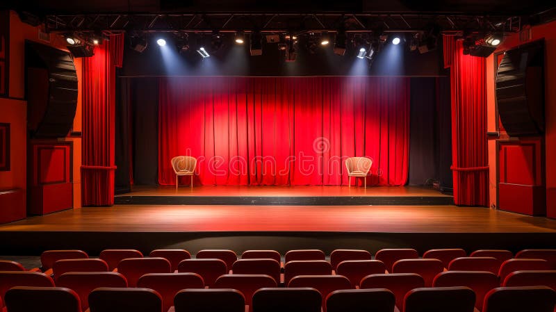 A Dark Empty Movie Theater or Theater, the Stage with Red Curtains ...