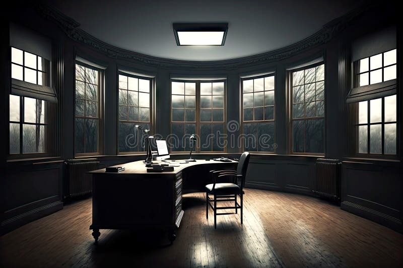 Dark Empty Office Room with Clic Interior and Bay Window Stock ...
